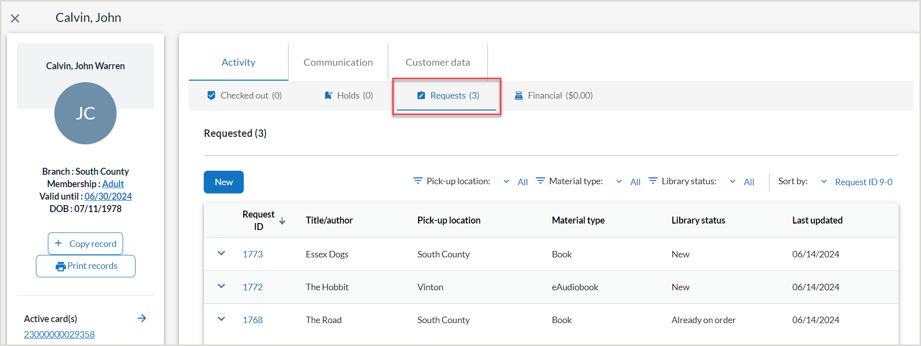 Manage item requests within customer records - OCLC Wise Support EN